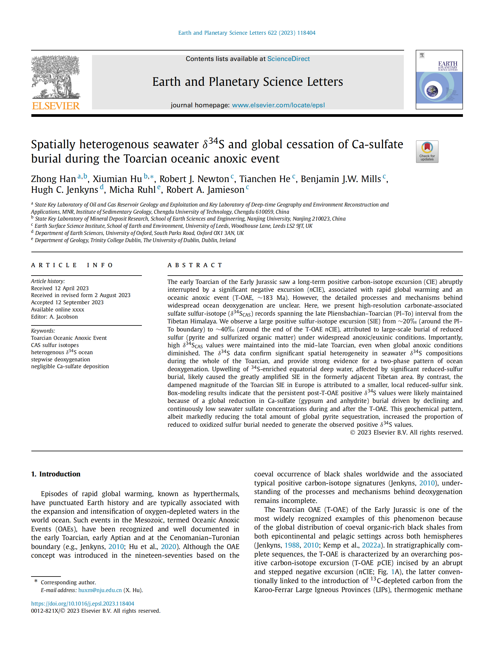 祝贺课题组韩中第一作者的论文在《Earth and Planetary Science Letters》发表